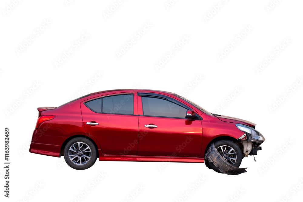 Car crash, Full body side view of red sedan car get damaged by accident ...