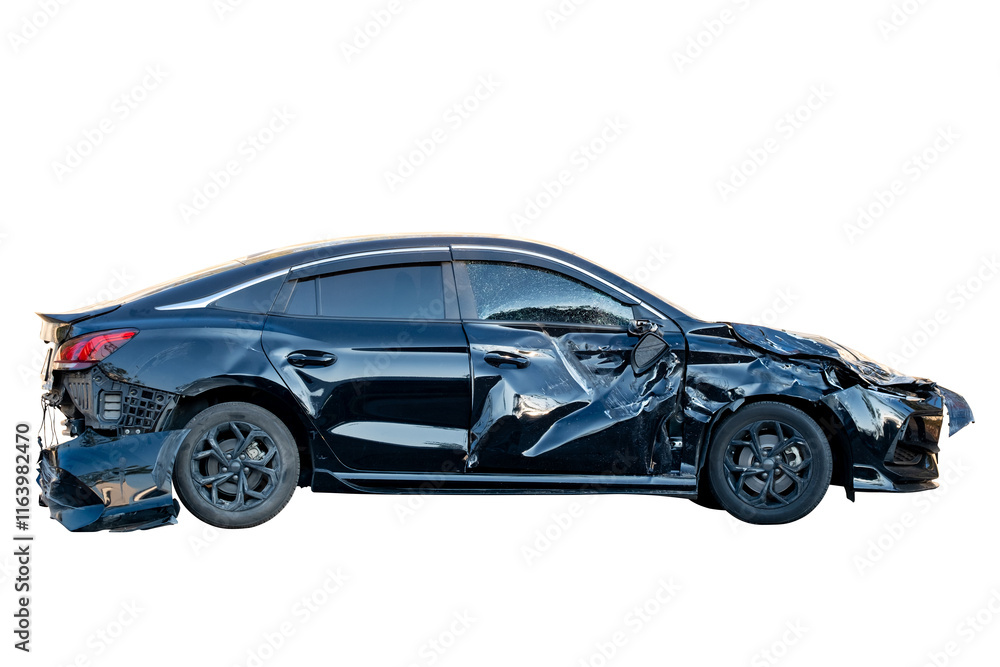 Car crash, Full body side view of black car get damaged by accident on ...