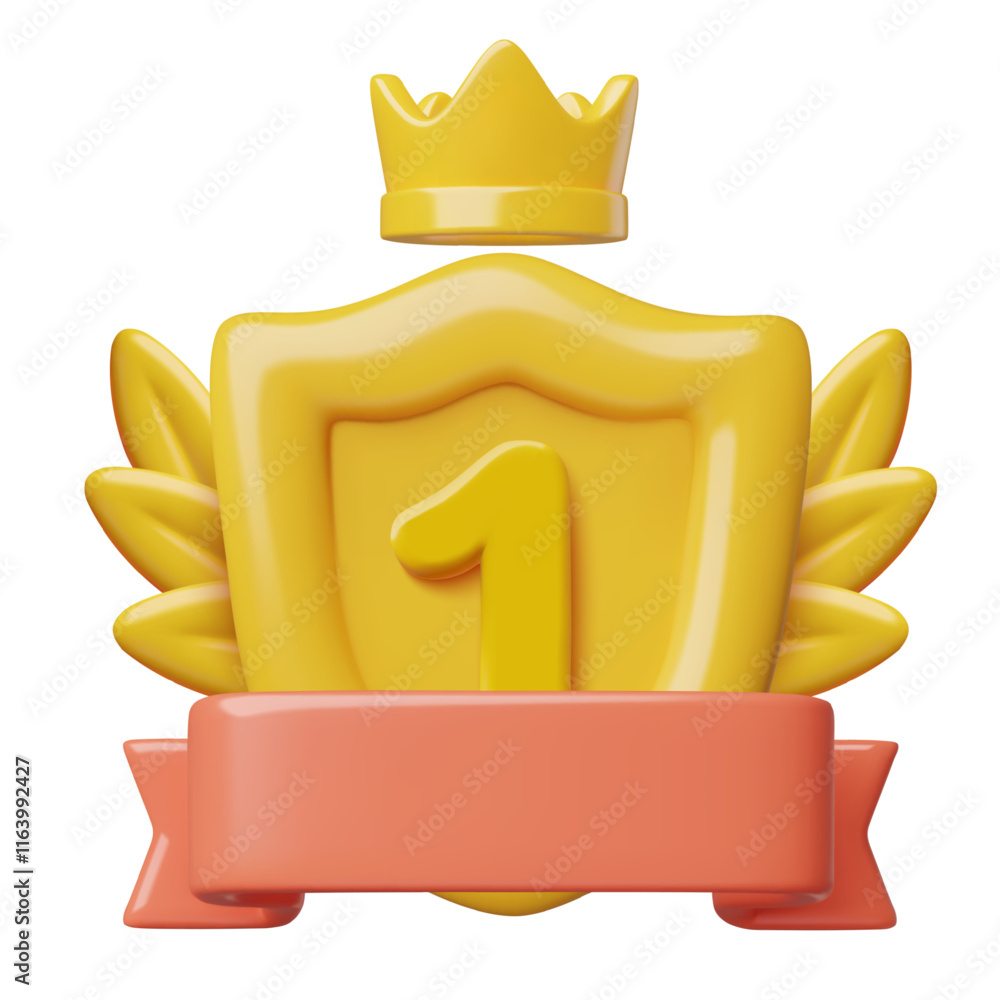 Golden game rank badge 3d icon with number 1 on a shield, royal crown ...