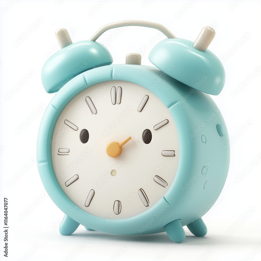 Cute cartoon alarm clock with smiling face in light blue color on white ...