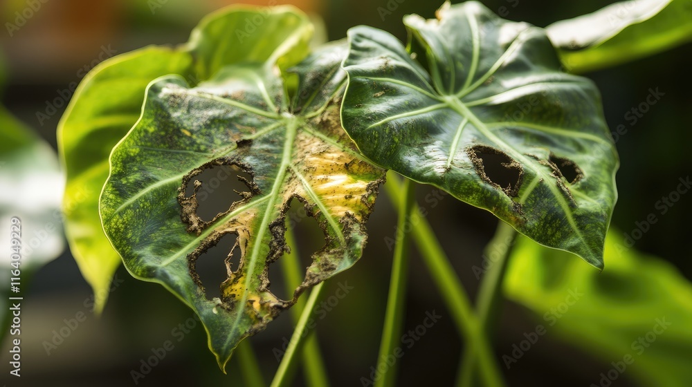 Damaged Alocasia leaves showcasing insect pest effects with hollow ...