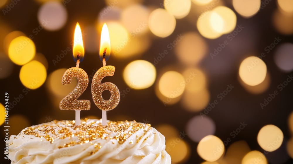 26th Birthday Cake with Candle Flame and Bokeh Background for ...