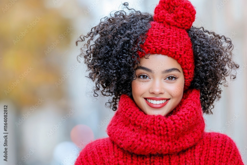 An elegant Black woman is depicted with a colorful fall city scene ...