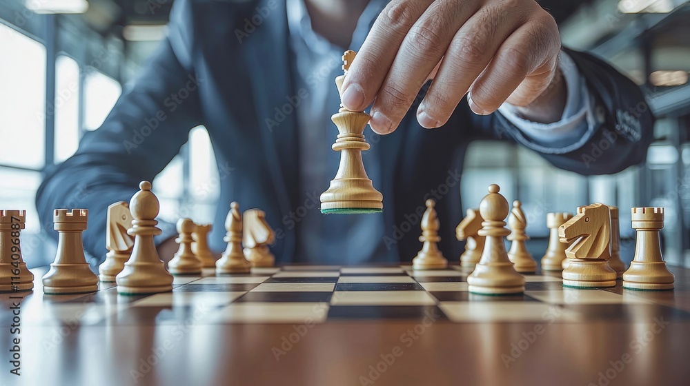 Focused Businessman Strategically Moves King Chess Piece During Intense ...