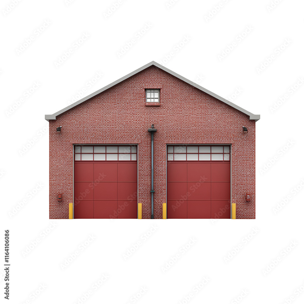 Red brick garage with double doors and window. transparent background ...
