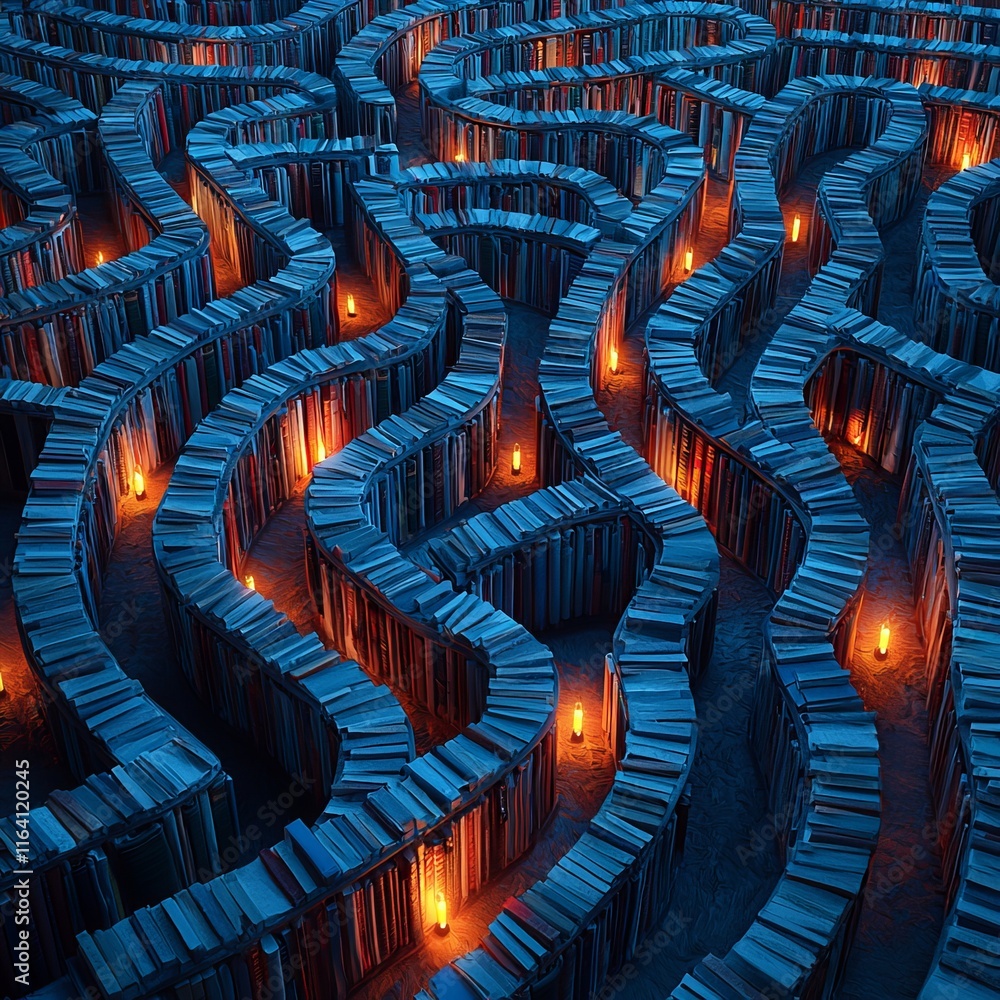 Bookshelves resembling a question mark, lit up with glowing orbs Stock ...