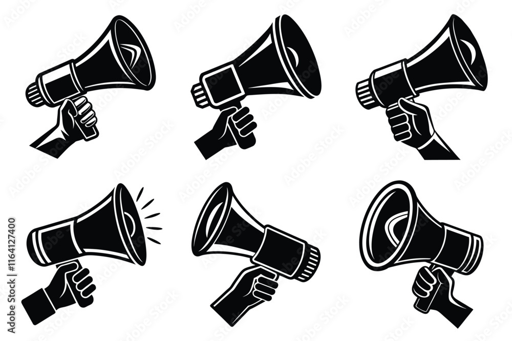 Hand Holding megaphone silhouette icon, Announcing hand mike ...