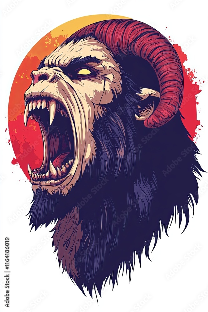 A demonic ape's head, snarling with bared fangs and horns, set against ...