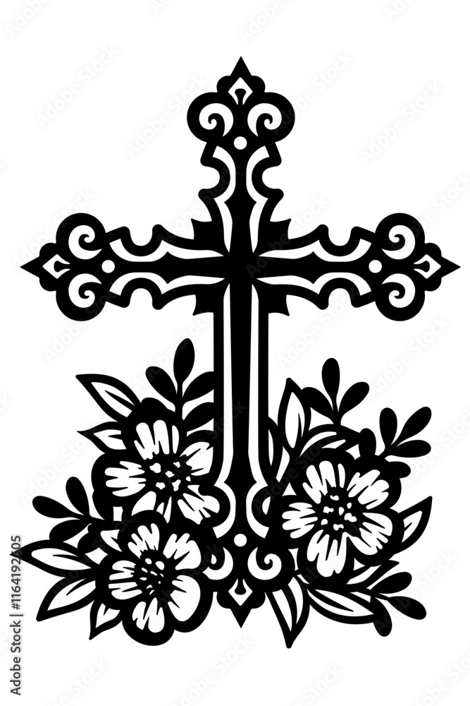 Floral Cross SVG Catholic Christian Religion Figured Vector Curly Cross ...