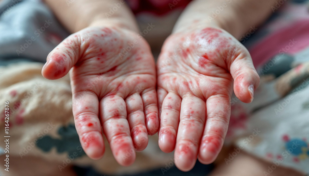 Close up of Child's hands with many red spot. A sick child with skin ...
