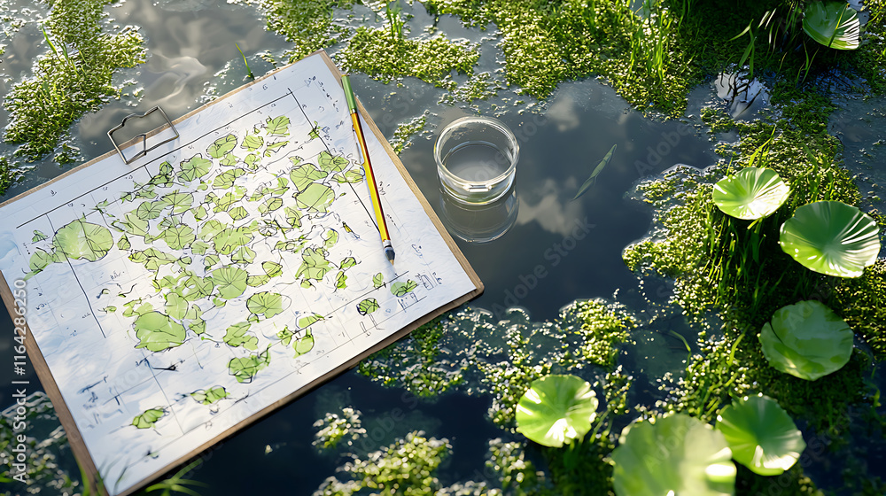 detailed survey map clipboard beside clear water jar, surrounded by ...