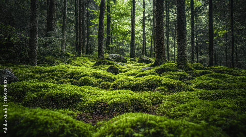 Lush Green Moss Covering Forest Floor Among Tall Trees Stock Photo ...