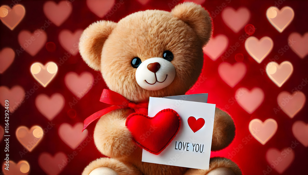 teddy bear holding a love valentine greeting card, with hearts on a red ...