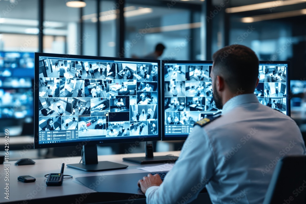 Security officer monitoring multiple surveillance camera feeds on dual ...