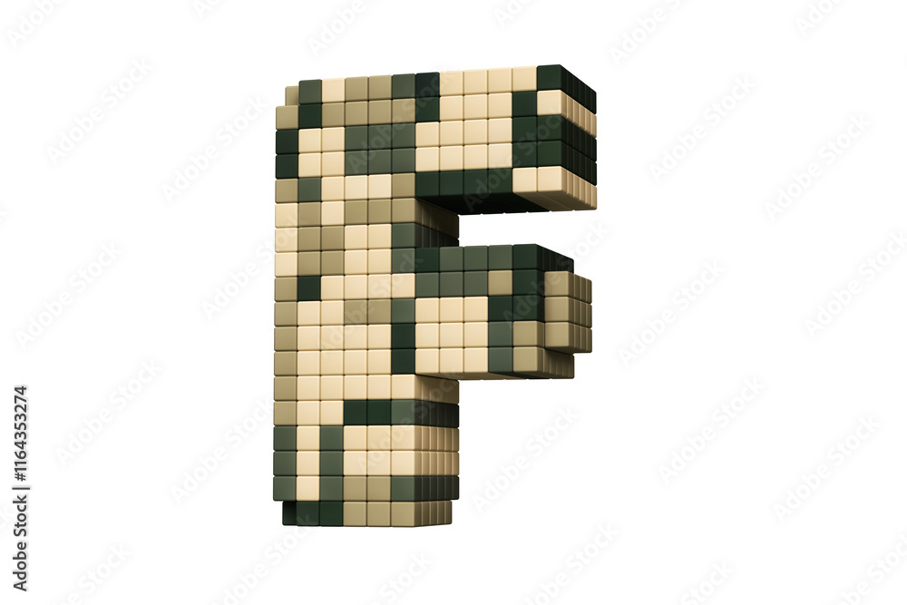 Pixel art digital typography letter F in green and brown military tones ...