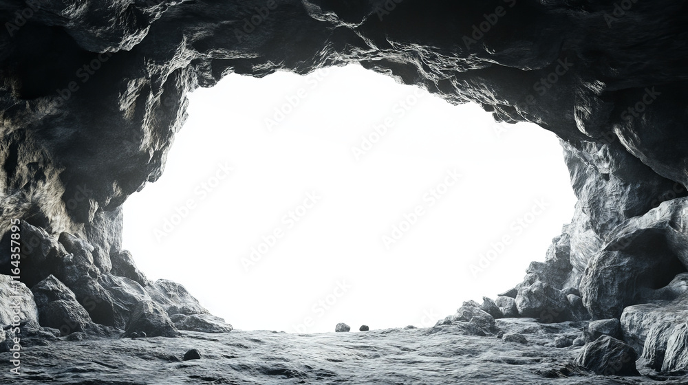 Entrance to cave in mountain, hole in rock with empty copy space for ...