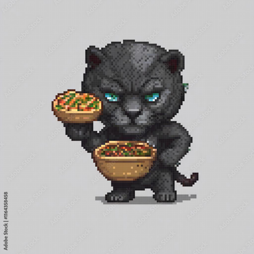 Pixel art of a majestic black panther with a bowl of food, showcasing ...