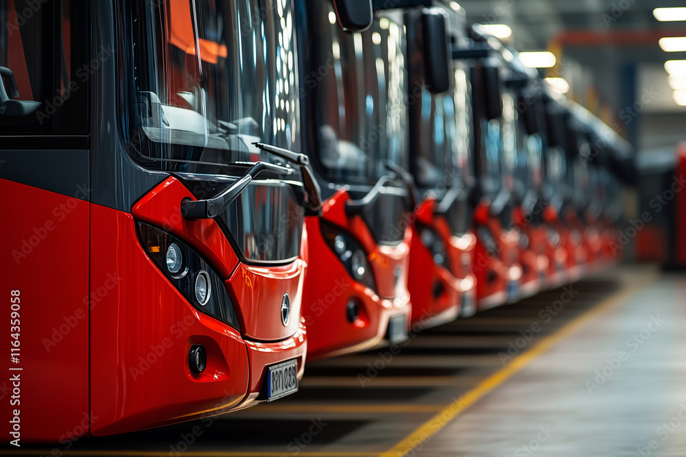 row of red buses are parked in a garage. The buses are all the same ...