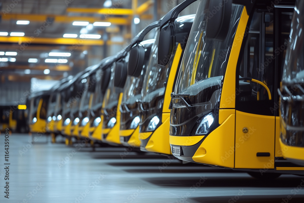 row of yellow buses are parked in a building. The buses are all the ...