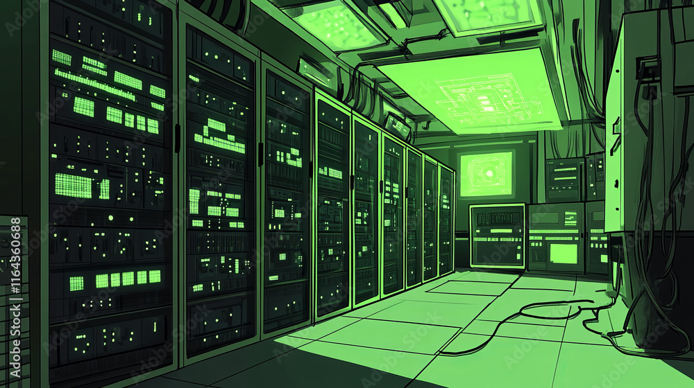Ilustración de Stock Data center interior with green glow supercomputer and control panel in ...
