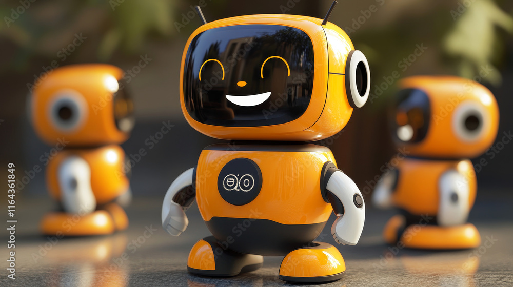 Cute robot character with smile face. 3d realistic vector set of ...