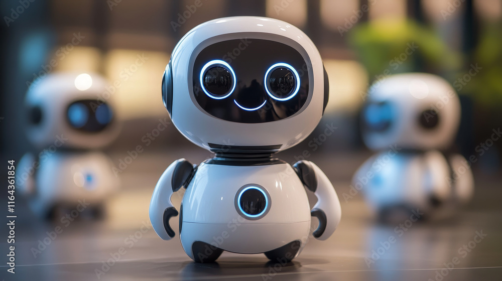 Cute robot character with smile face. 3d realistic vector set of ...