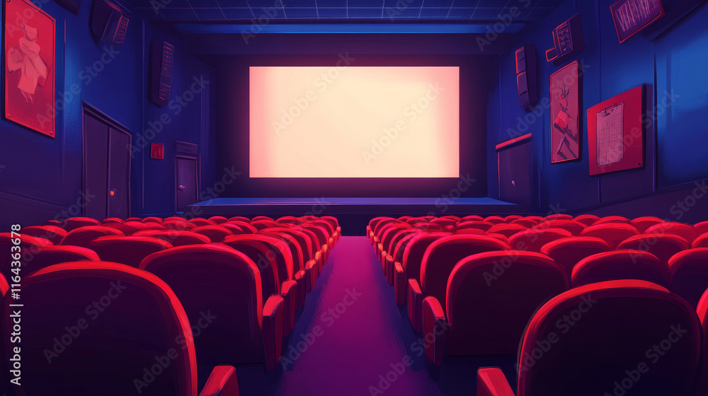 Cinema hall with audience seats and blank panoramic screen with ...