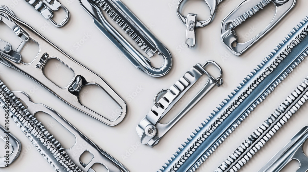 Metal zip fasteners, silver or steel zippers with puller, clothing hardware, apparel accessory ...