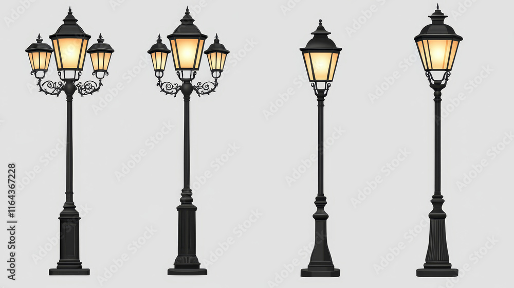 Vintage street lamps, black iron lantern on post. Vector realistic set ...