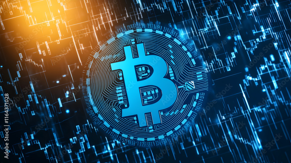 Blue background with Bitcoin logo and blue digital chart, stock market ...