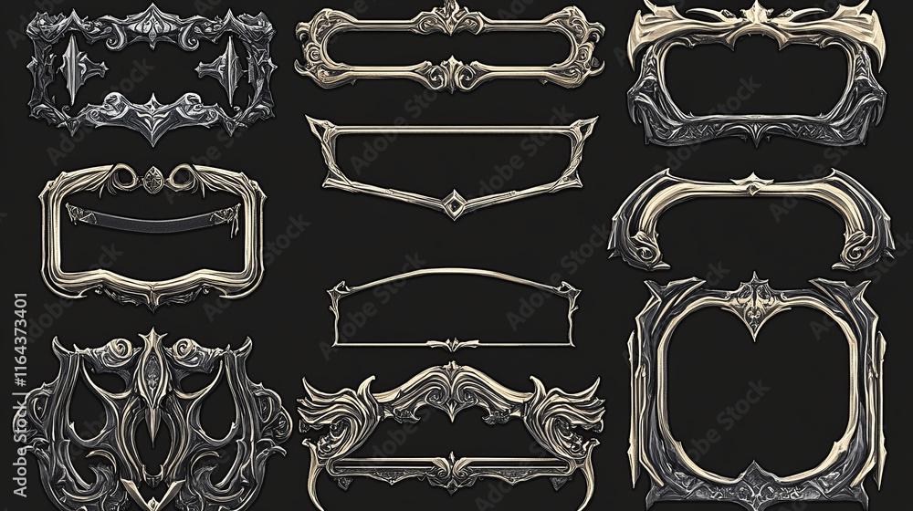 Square ui game frames, medieval silver borders. Textured ornate gui elements with curve ...
