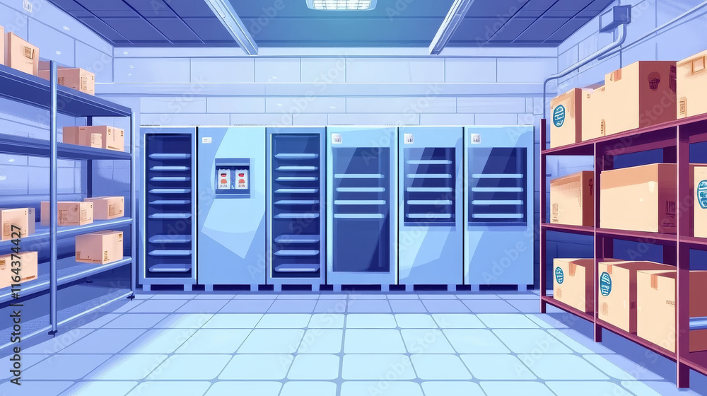 Cold room in warehouse with empty metal racks. Vector cartoon interior ...