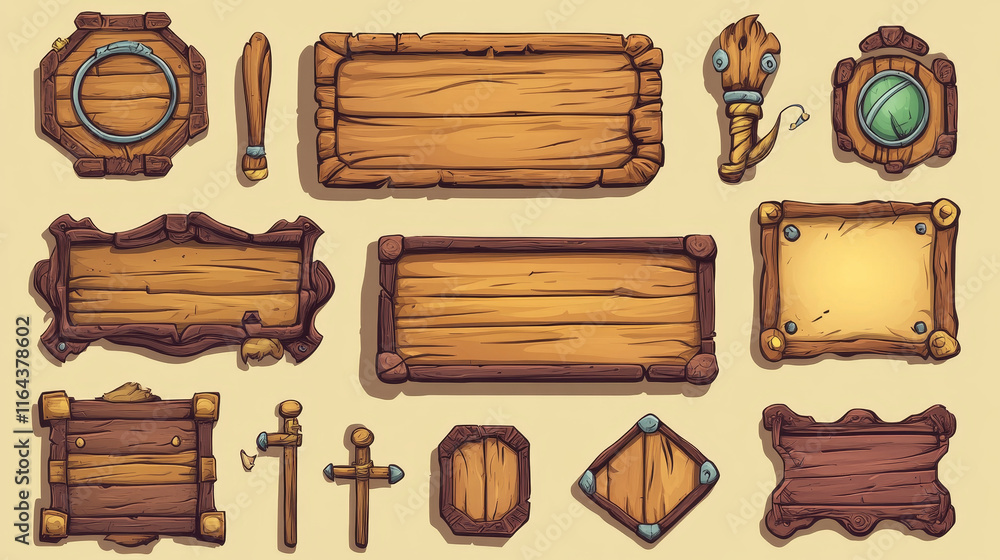 Wooden game ui design elements - buttons and boards for menu interface ...