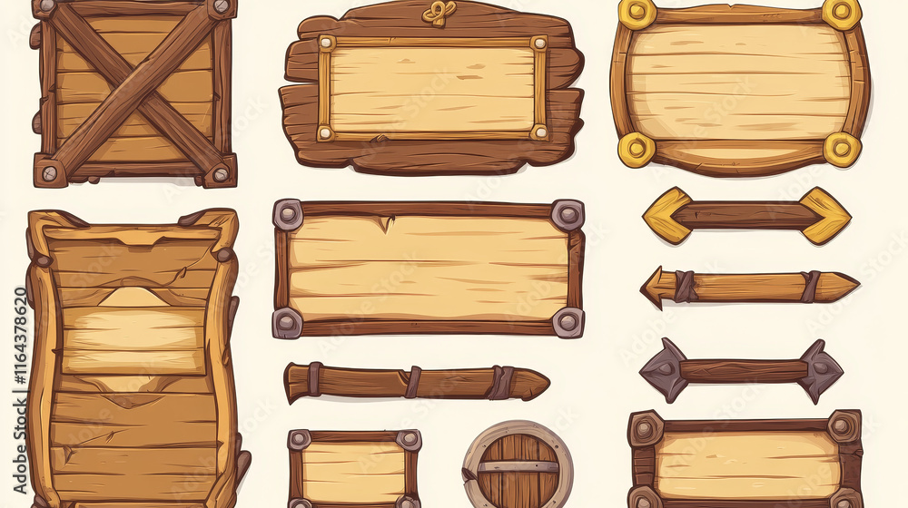 Стоковая иллюстрация «Wooden game ui design elements - buttons and ...