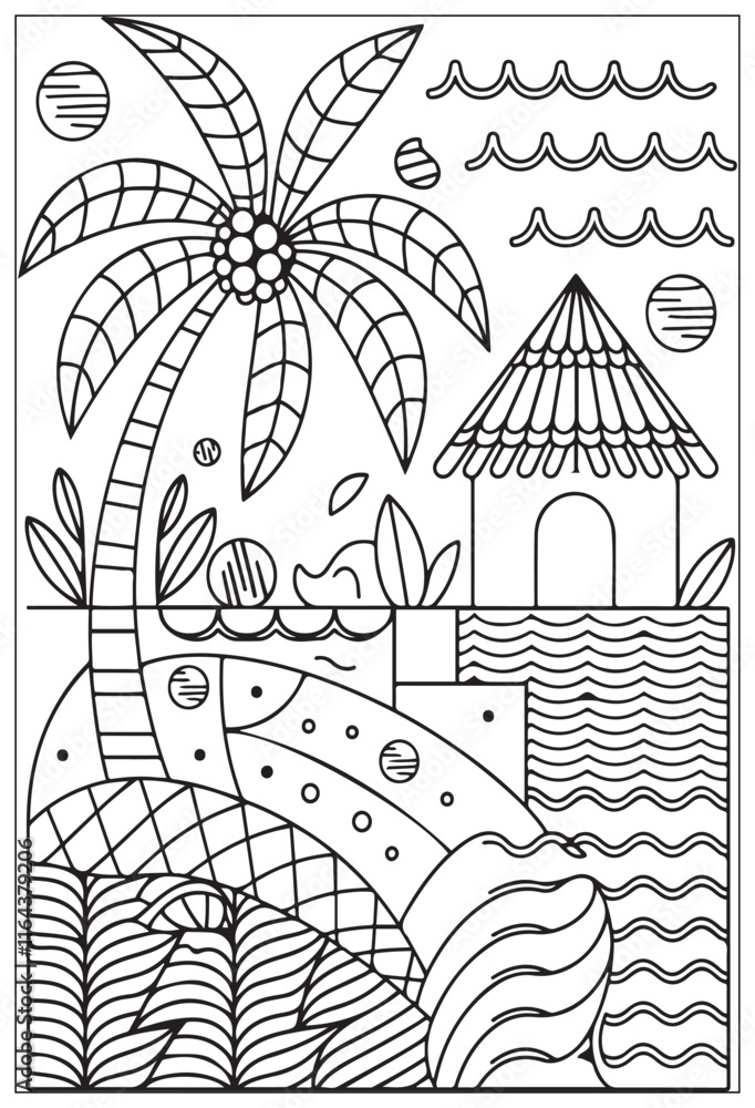 Island coloring page for kids. Summer outline doodle colouring page ...