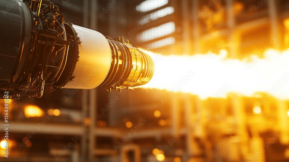 rocket engine test firing in facility with blurred flames and ...