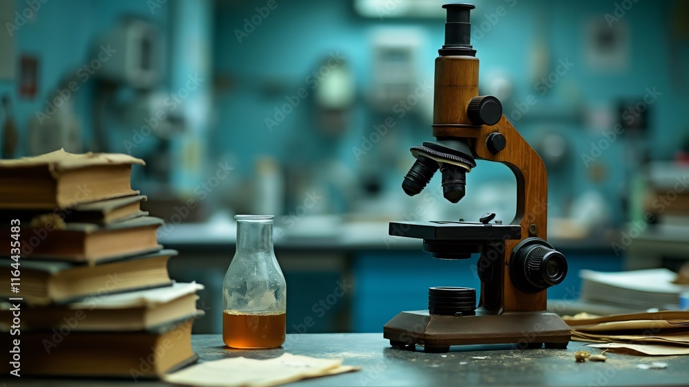 Vintage Microscope, Old Books, and Chemical Sample in a Retro ...