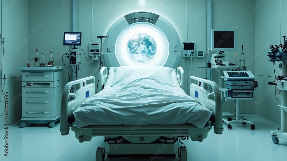 Futuristic Hospital Room with Moon View, Sci-Fi Medical Bed and High ...