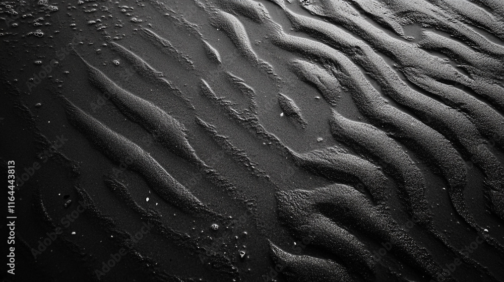 Texture of wet sand patterns created by tides on a beach during low ...