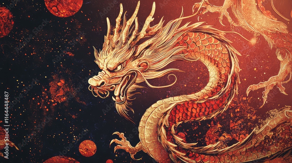 Glowing red and gold dragon-inspired patterns, symbolizing strength and ...