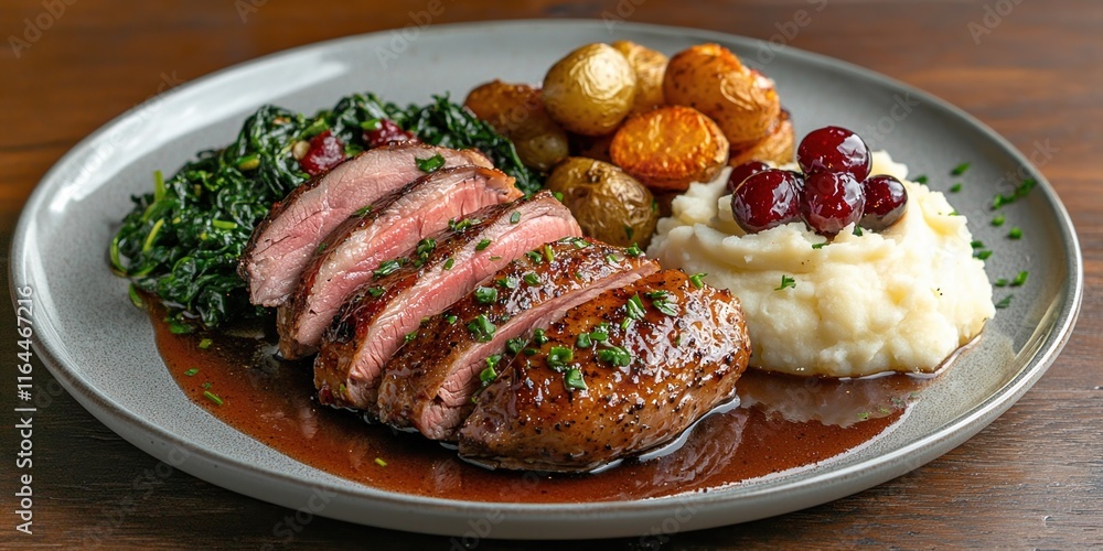 Seared duck breast with cherry sauce, mashed potatoes, and sautéed ...