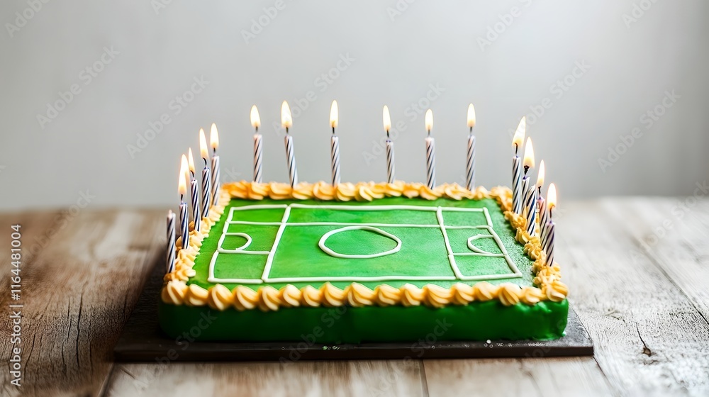 Festive Birthday Cake Designed as a Soccer Field with Lit Candles on ...