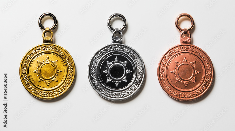 Gold, silver and bronze medals hanging on white background represent ...