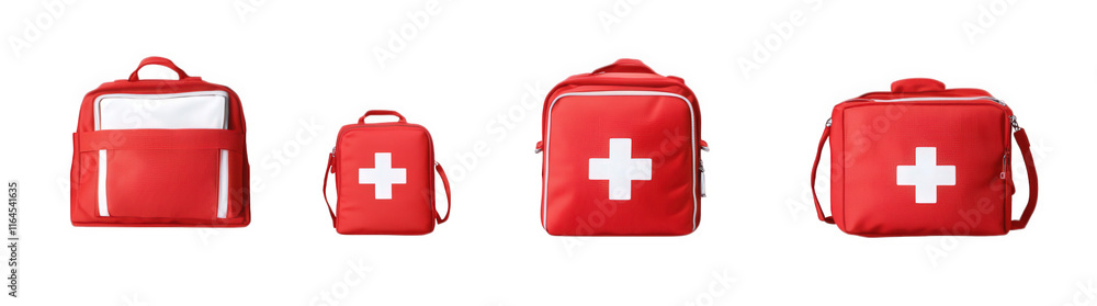collection of four red first aid kits. each varying in size and design ...