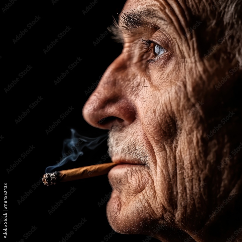 Elderly Man Smoking Cigarette in Profile with Intense Expression Stock ...