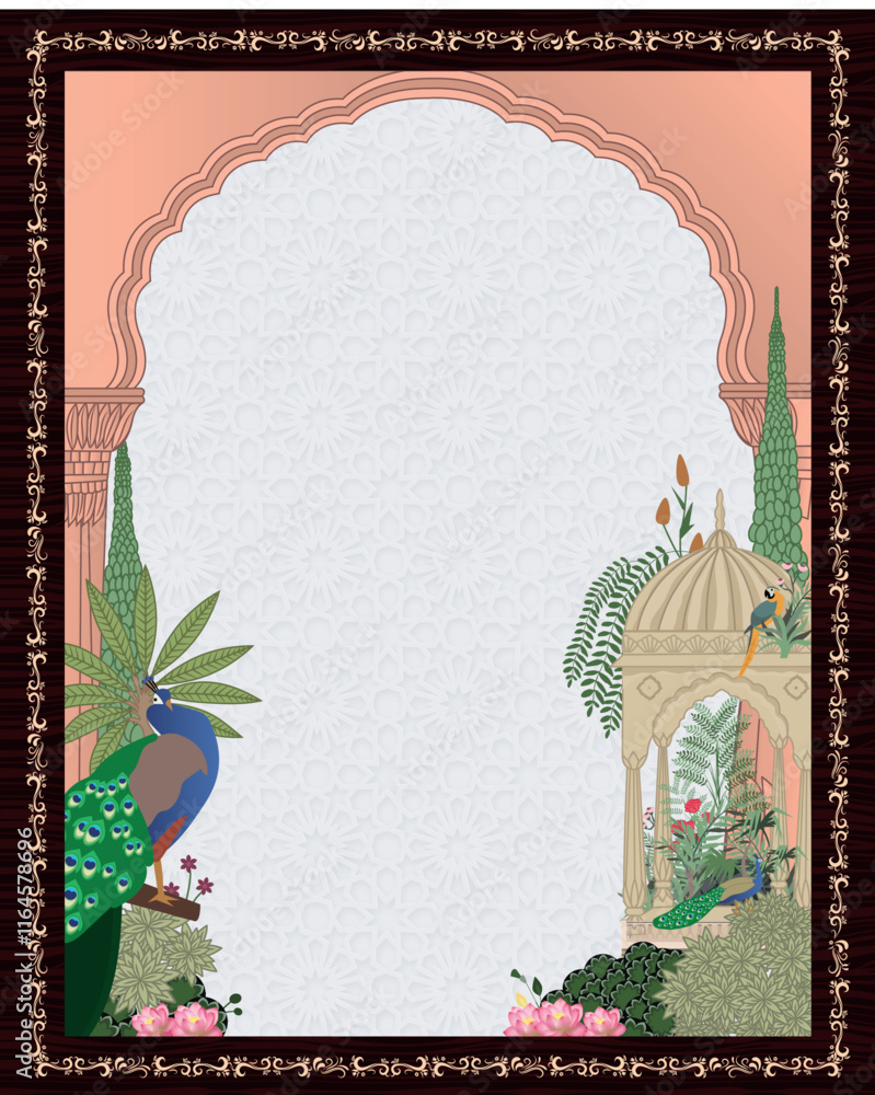 Traditional Indian Mughal arch garden, peacock, parrot plant vector ...