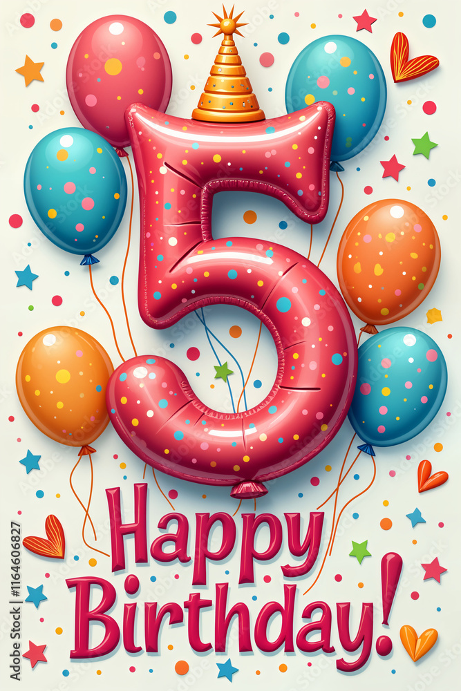 5th birthday card. Colorful birthday card with the number five ...