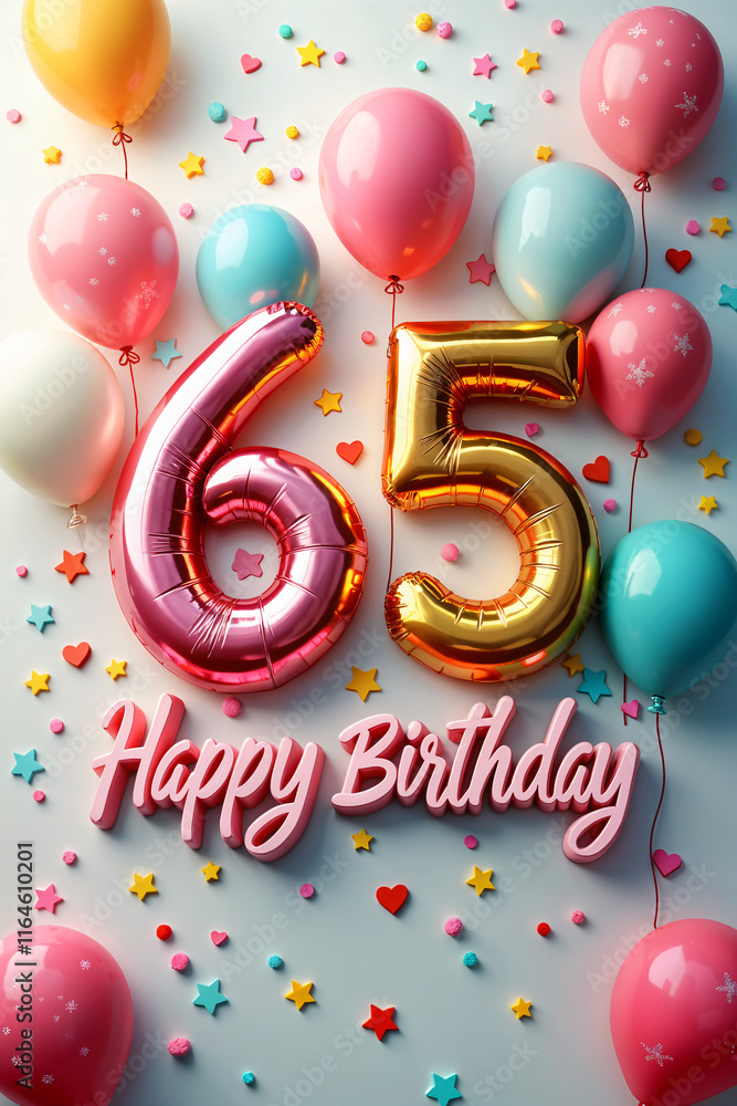 65th birthday card. Colorful celebration with balloons, a large number ...