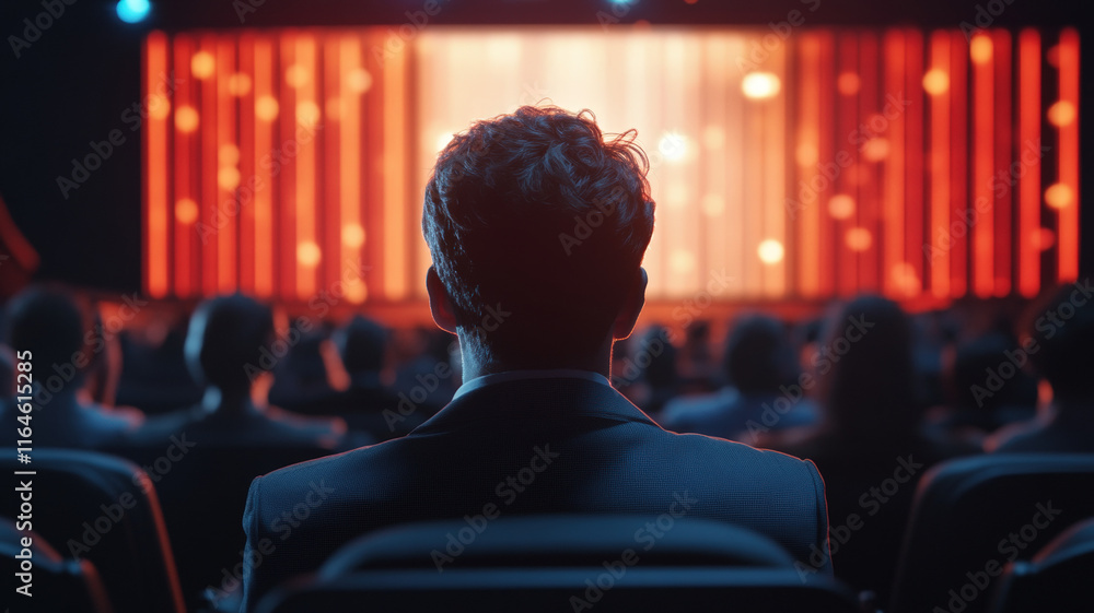 Silhouette of Spectator in Dark Theatre Hall with Dramatic Red Stage ...