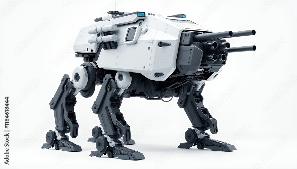 Quadrupedal Combat Vehicle: Futuristic White Armored Mech with Triple ...